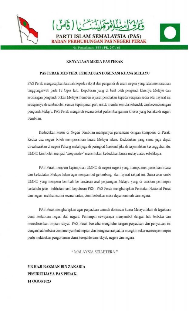 Kenyataan Media | PAS Perak menyeru perpaduan dominasi kuasa melayu - Berita Parti Islam Se ...